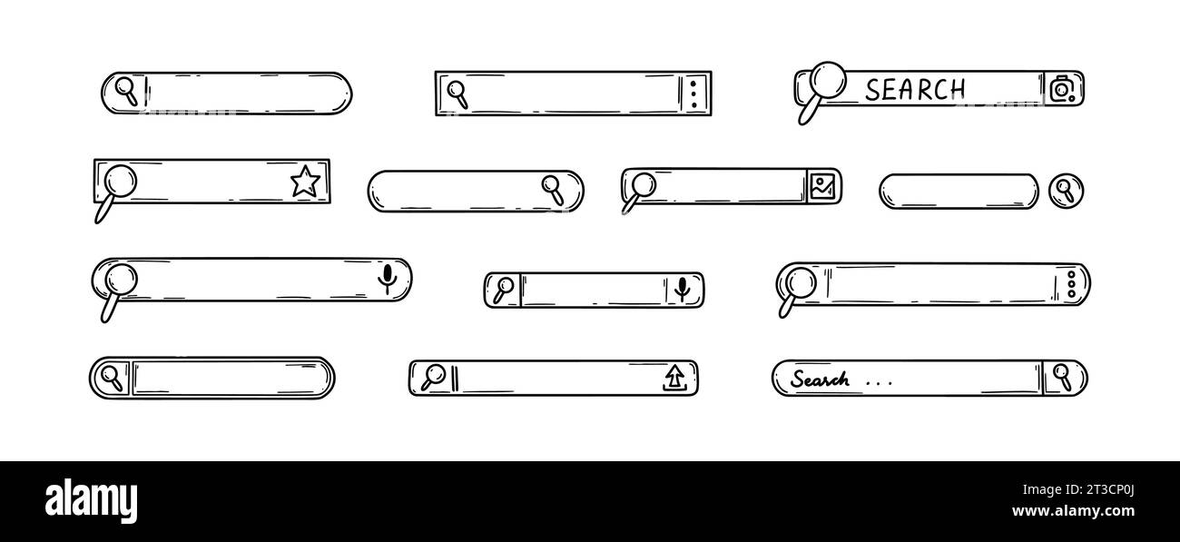 Doodle search bar set. Hand drawn internet information find. Website browser box sketch ...