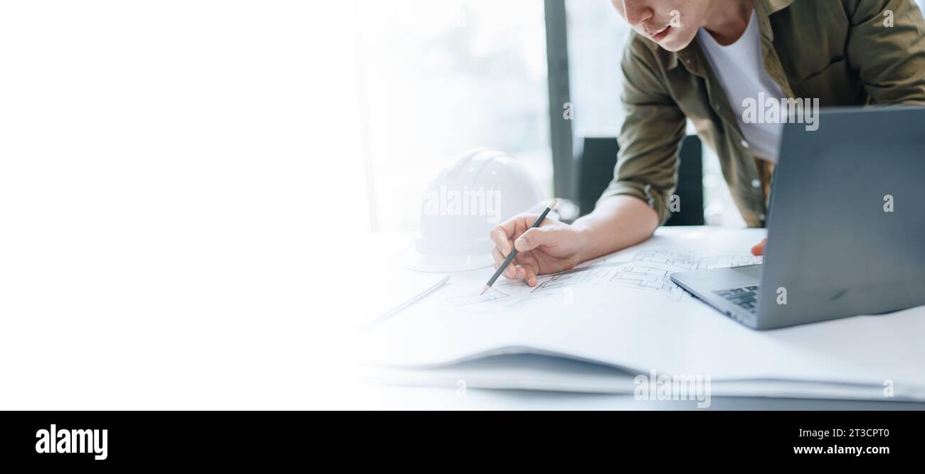 Engineering Department With Work Design Structure Building Or House Using Blueprint Computer At