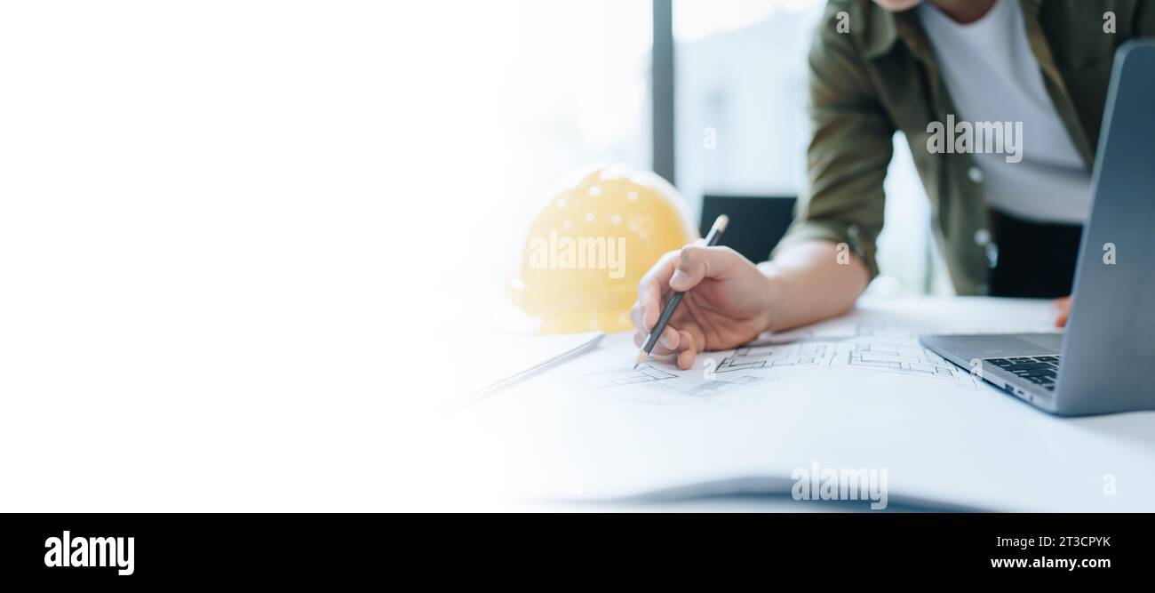 Engineering Department With Work Design Structure Building Or House Using Blueprint Computer At