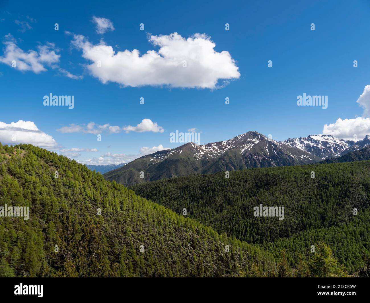 Mountain ranges and forested slopes in the highlands of eastern Tibet ...