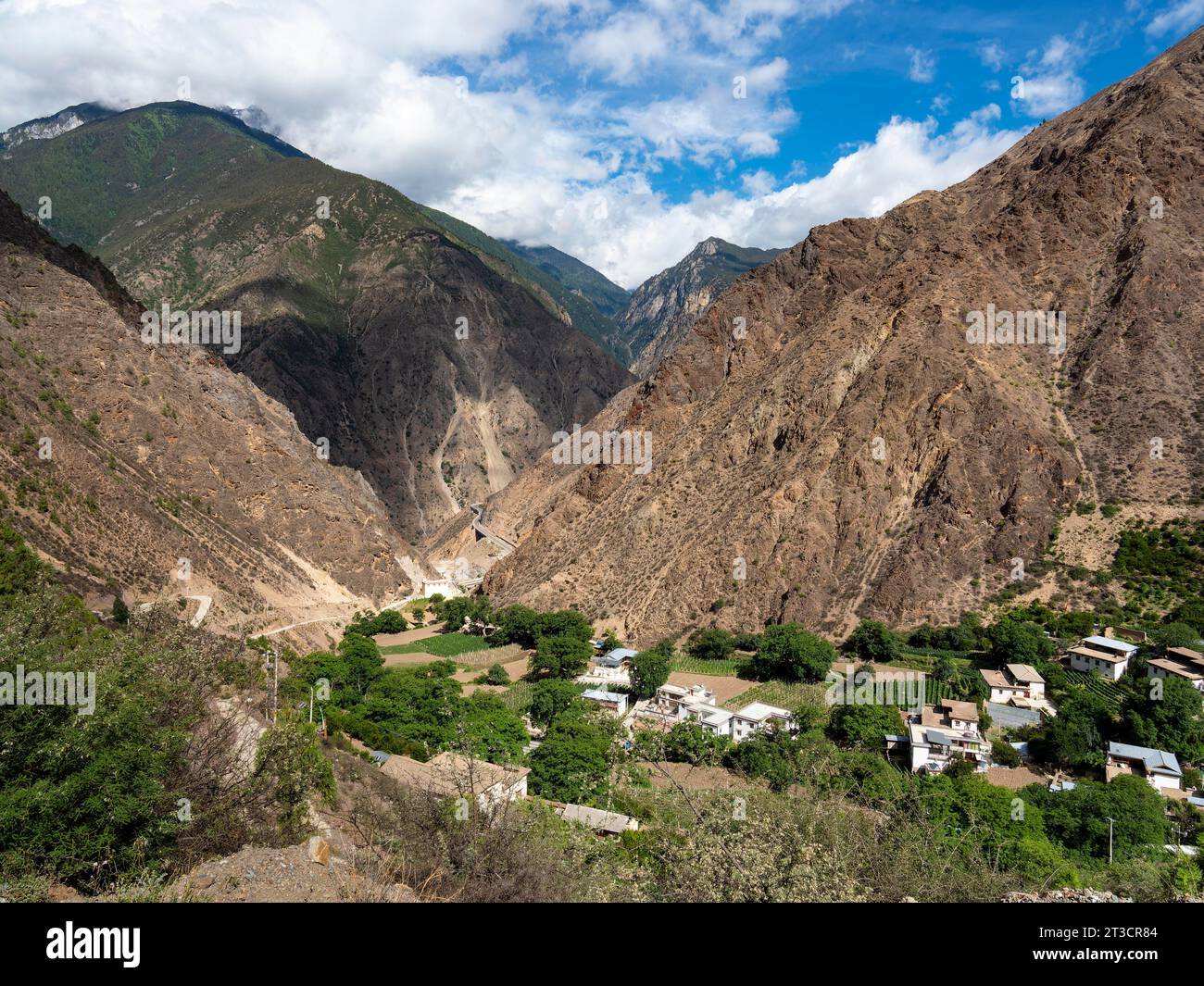 Tibetan village between mountains in the highlands of eastern Tibet ...