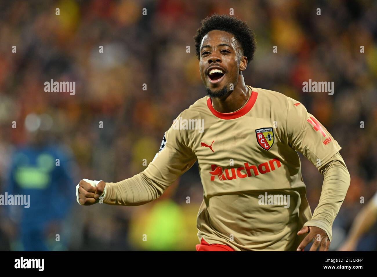 Lens, France. 24th Oct, 2023. Elye Wahi (9) of RC Lens celebrates after ...