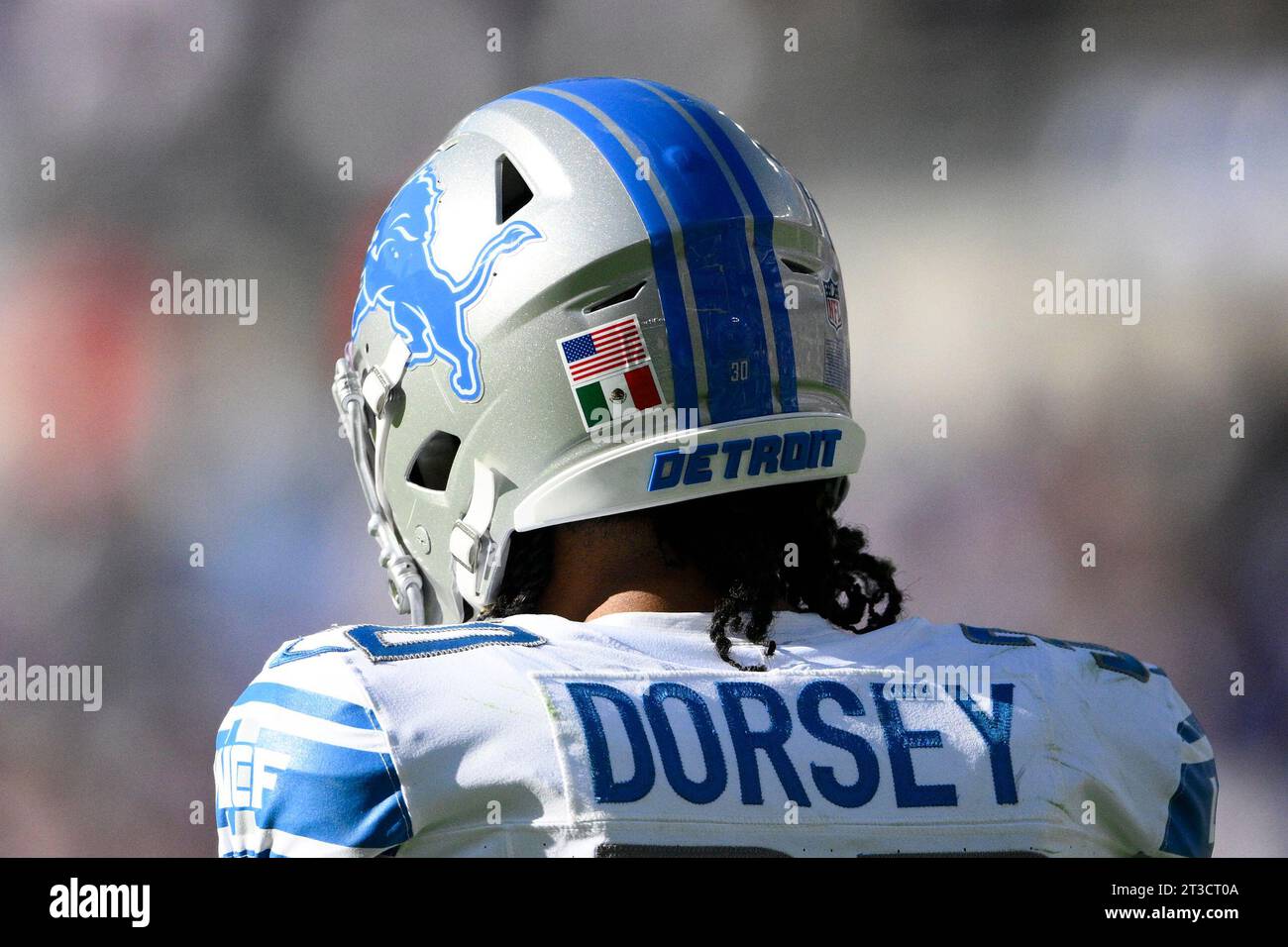 Flag stickers are seen on the helmet of Detroit Lions cornerback Khalil ...