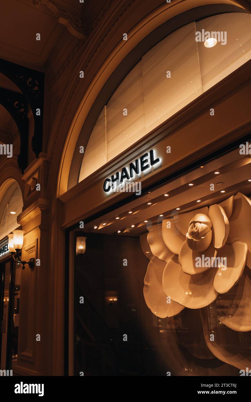 Classic Chanel logotype.Luxury boutique showcase. Chanel is a fashion ...