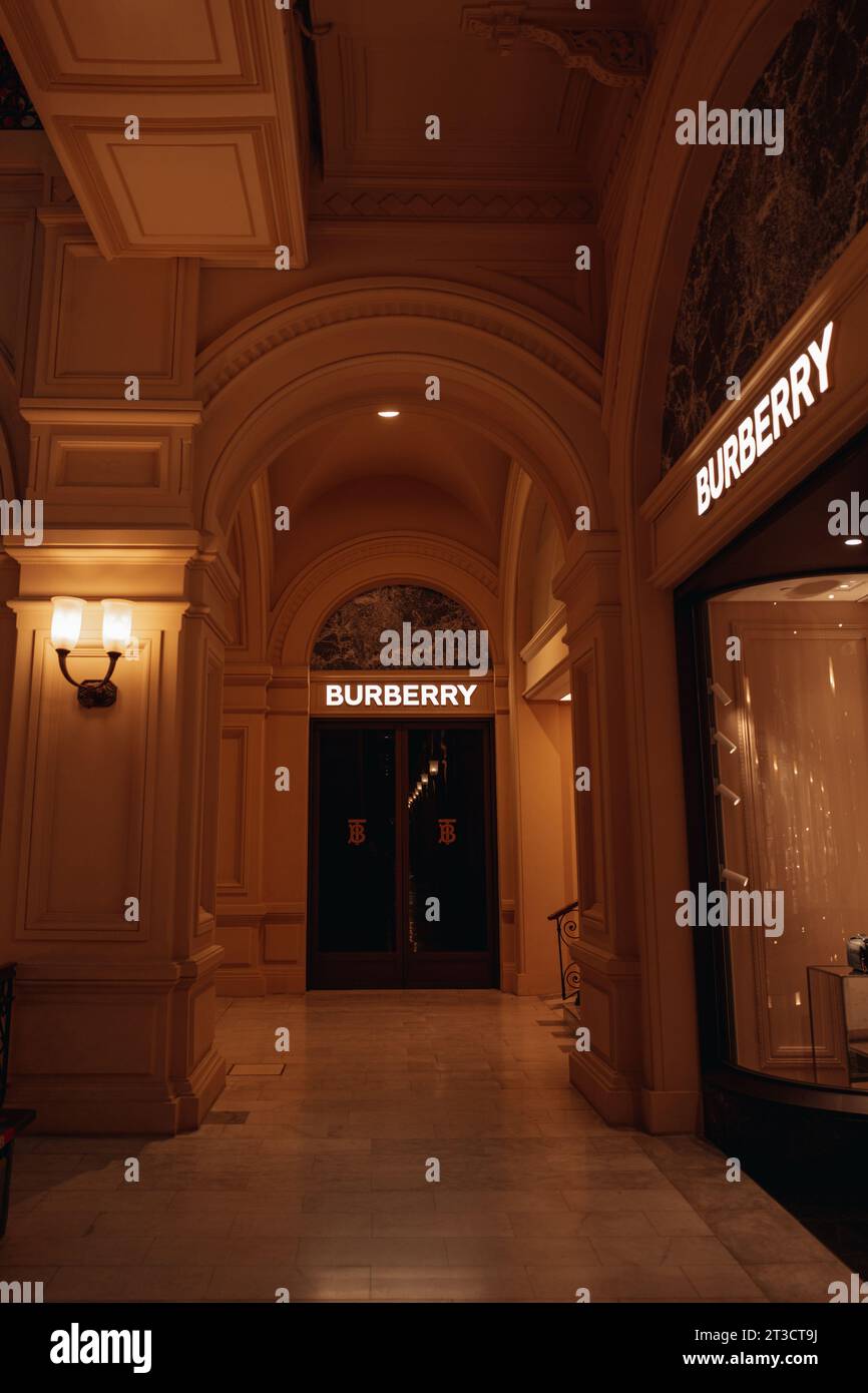 Brown classic historical facade of Burberry boutique. Burberry is a ...