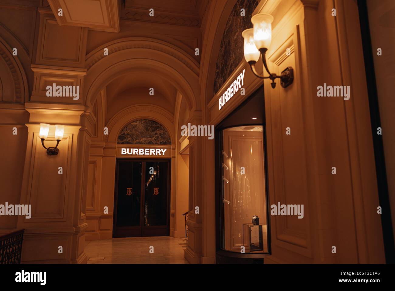 Brown classic historical facade of Burberry boutique. Burberry is a ...