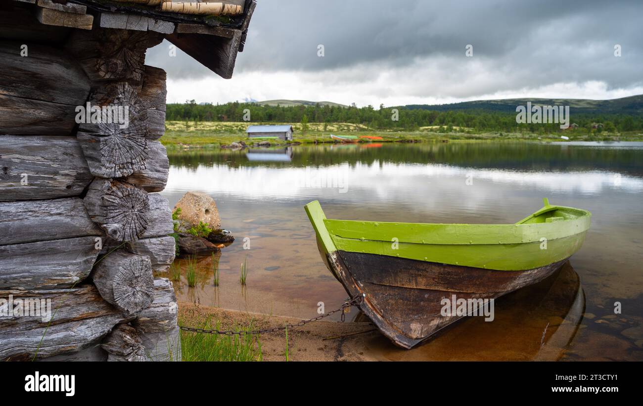 Weathered, natural trunk, wooden boat, rowing boat, boathouse, lake ...