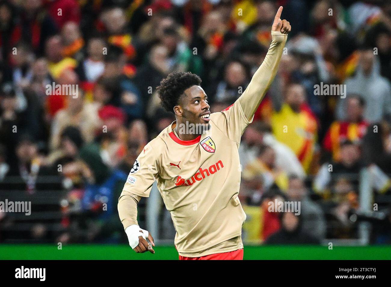 Elye WAHI of Lens celebrates his goal during the UEFA Champions League ...