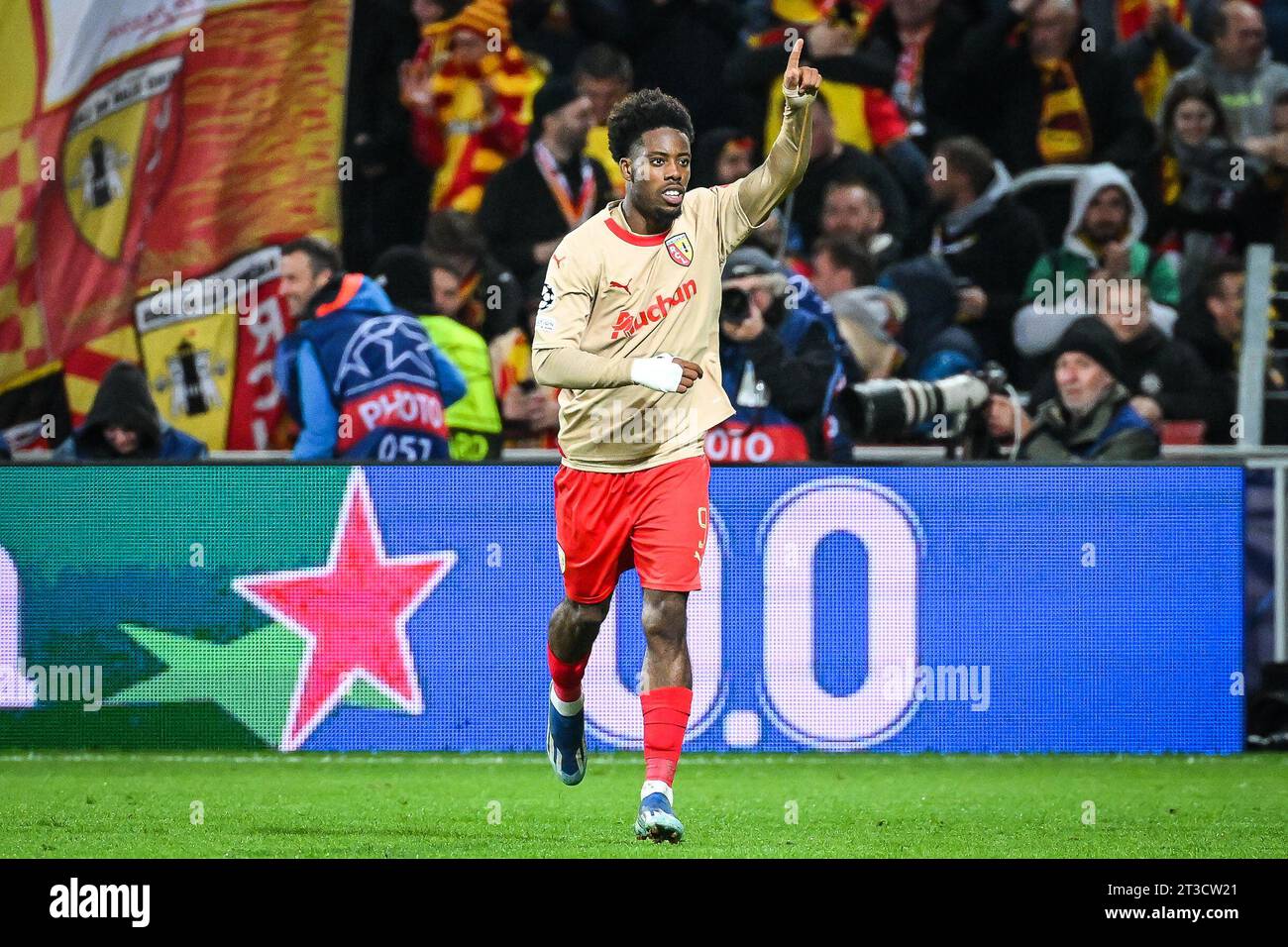 Elye WAHI of Lens celebrates his goal during the UEFA Champions League ...