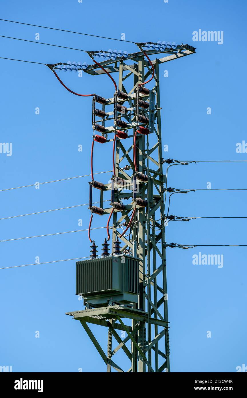 High-voltage pylon with transformer, Allgaeu, Bavaria, Germany Stock ...