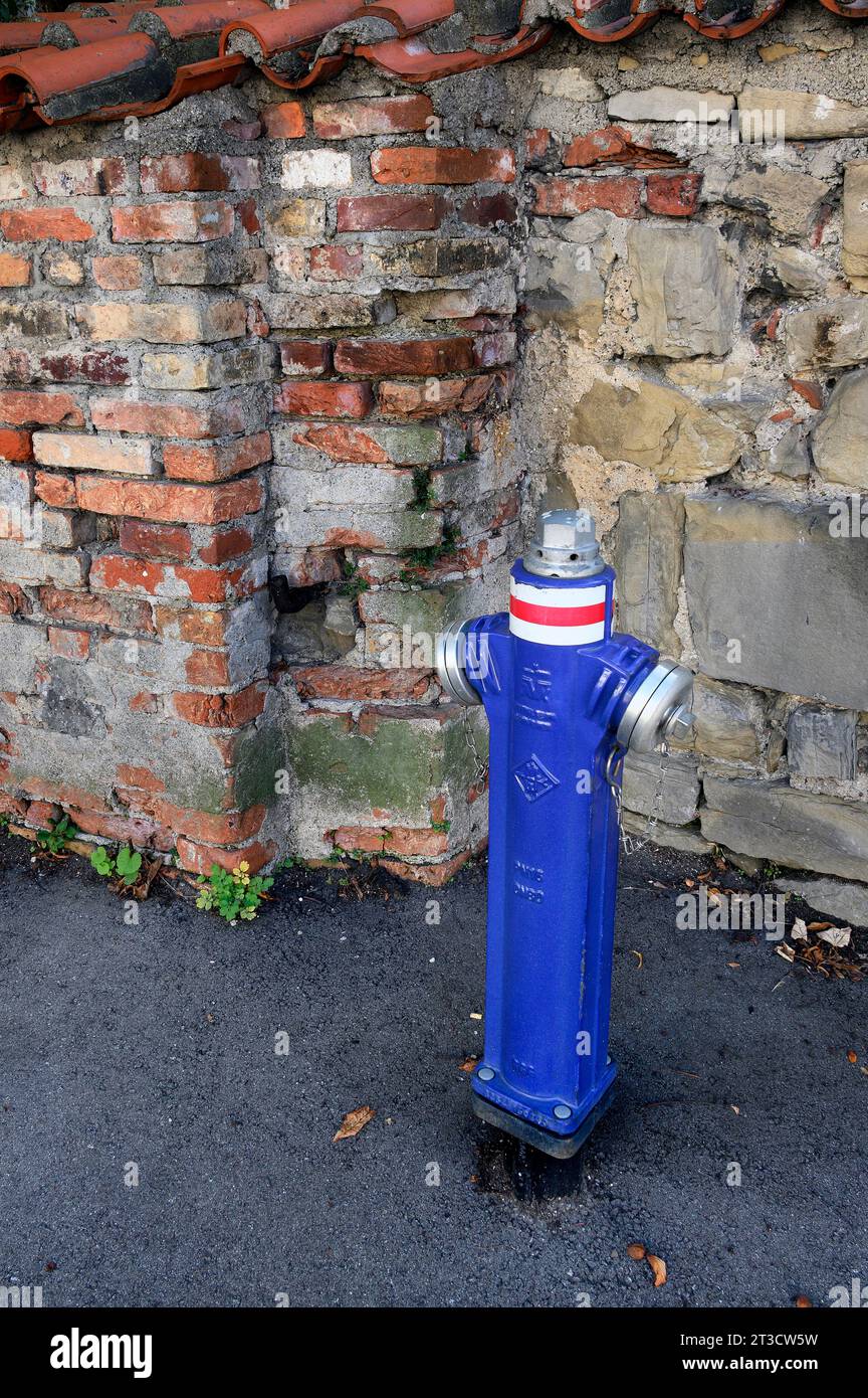 Blue hydrant in front of city wall, Kempten, Allgaeu, Bavaria, Germany ...