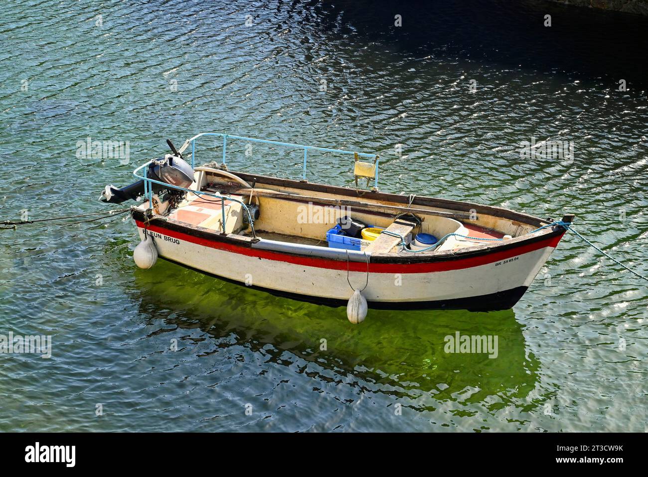 Small white boat, Ouessant Island, Finistere, Brittany, France Stock ...
