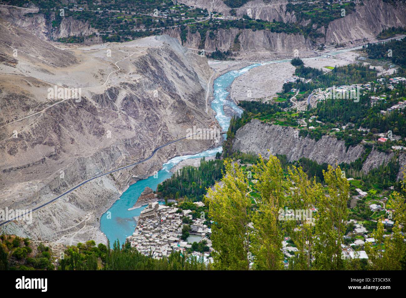 Hunza river in upper Hunza, beautiful turquoise water and rocky ...