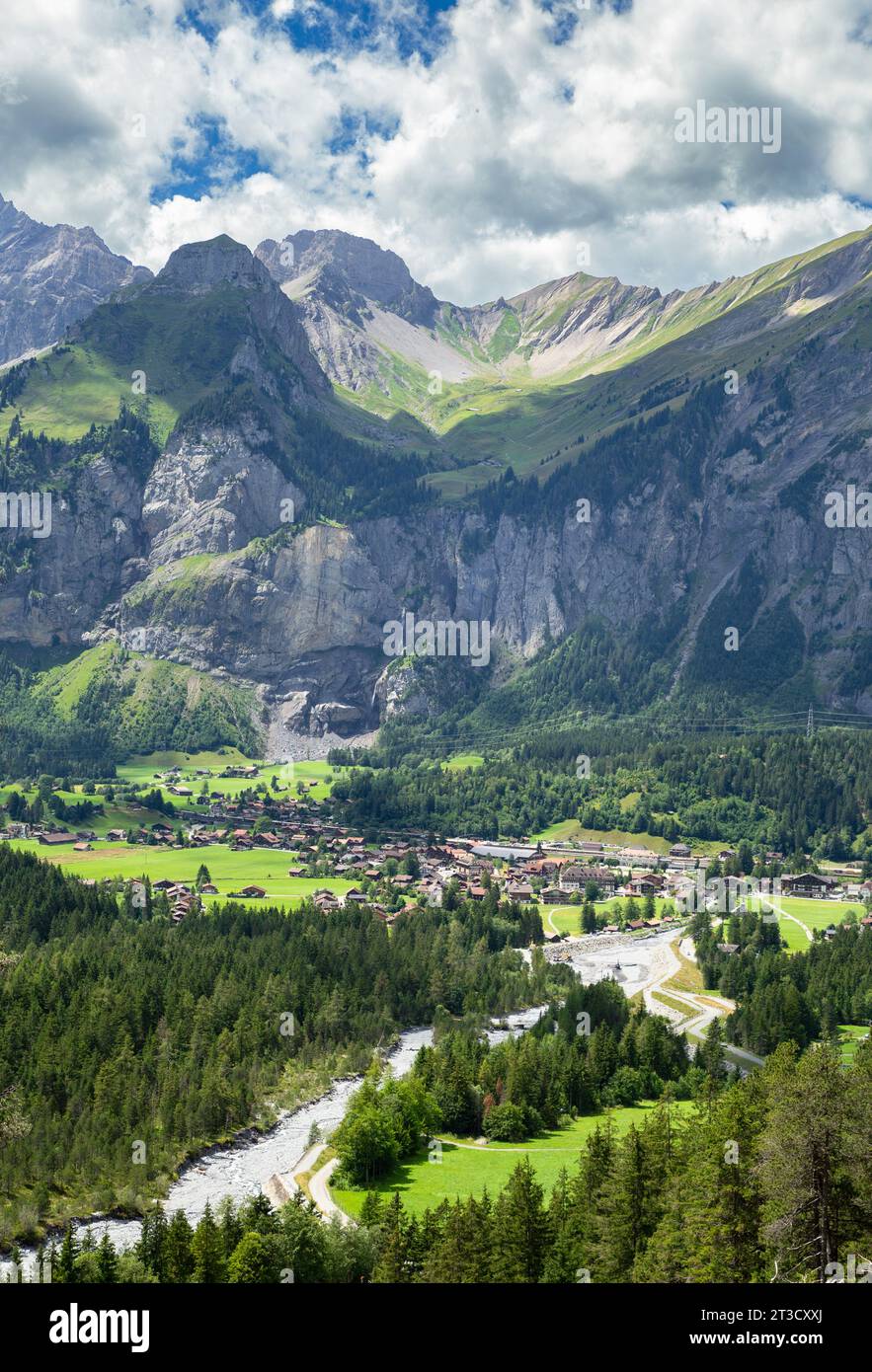 Alpine mountain and village view in Kandersteg, Switzerland, sunny ...
