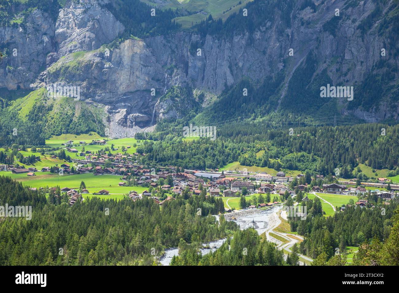 Aerial view of mountain village in Kandersteg, Switzerland, sunny ...