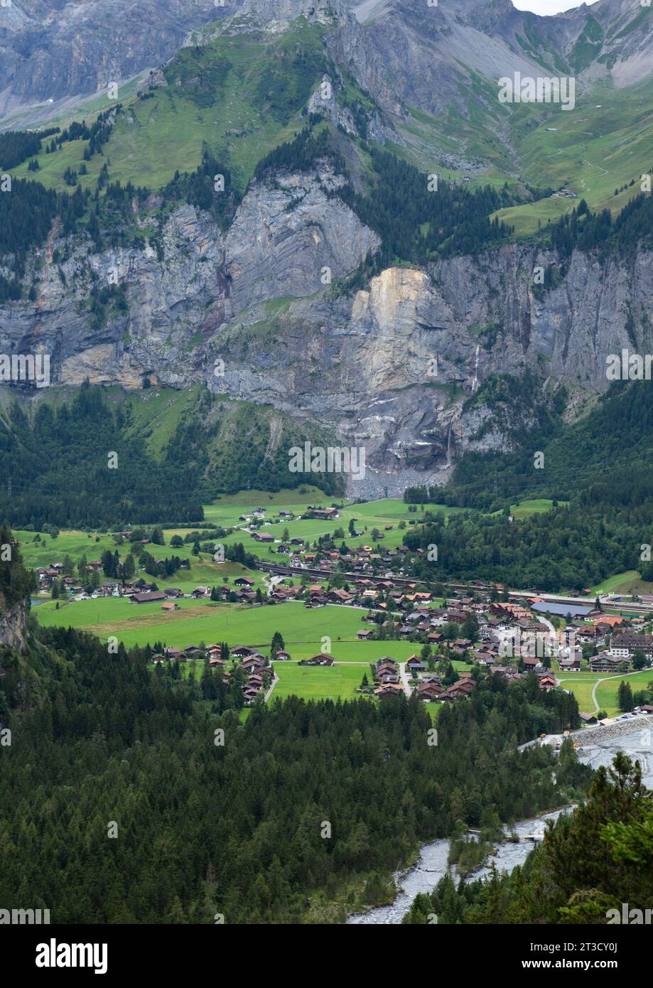 Aerial view of mountain village in Kandersteg, Switzerland, sunny ...
