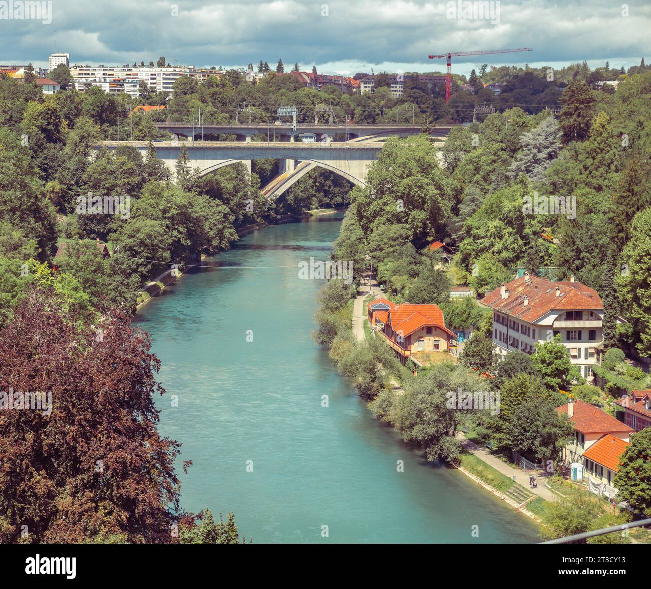 aerial view of Aare sapphire blue river with bridge, Bern, Switzerland ...