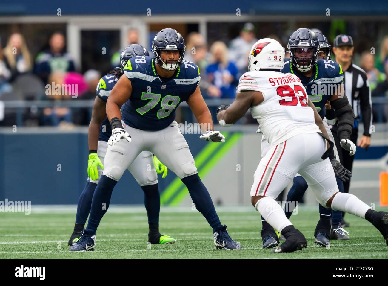 Seattle Seahawks offensive tackle Stone Forsythe (78) gets set to block ...