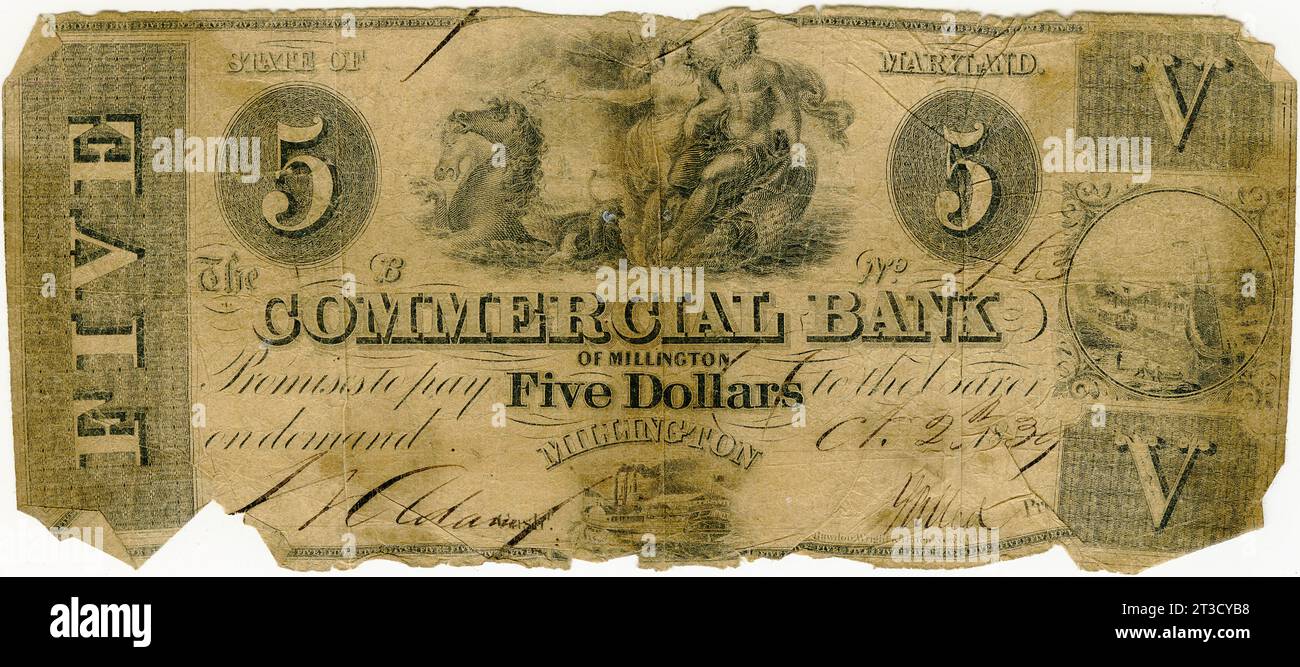 Five Dollars, Commercial Bank of Millington, Maryland, 1830 Stock Photo ...