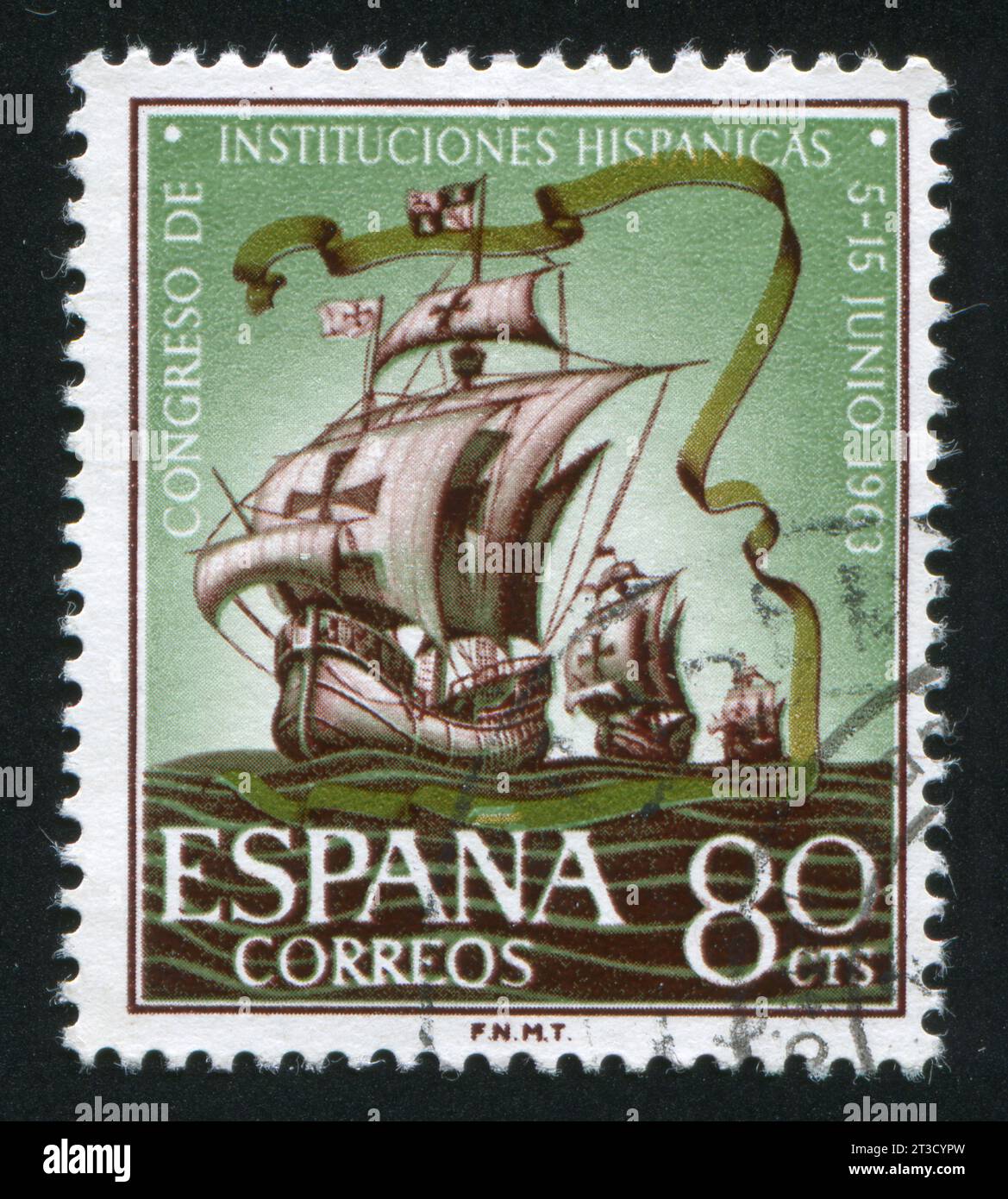 SPAIN - CIRCA 1963: stamp printed by Spain, shows Fleet of Columbus ...