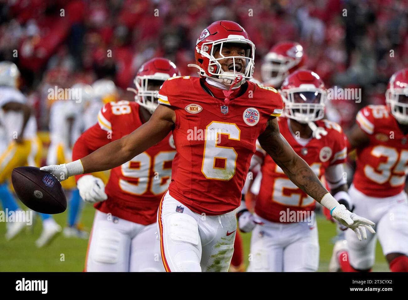 Kansas City Chiefs safety Bryan Cook celebrates an interception during ...
