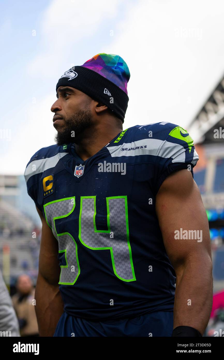 Seattle Seahawks linebacker Bobby Wagner (54) wears a Crucial Catch hat ...
