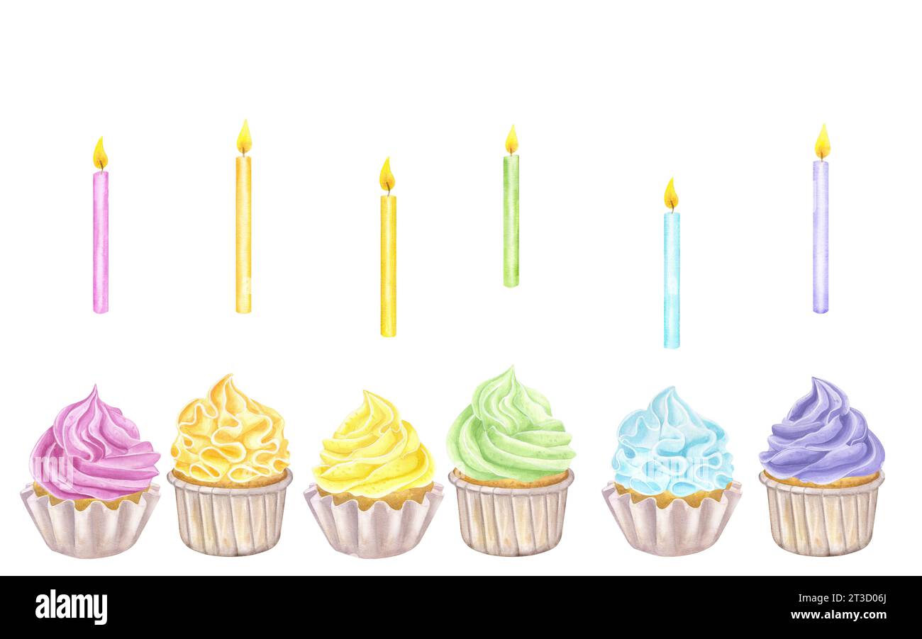 Banner rainbow multicolored cupcakes muffins, sweet whipped cream ...