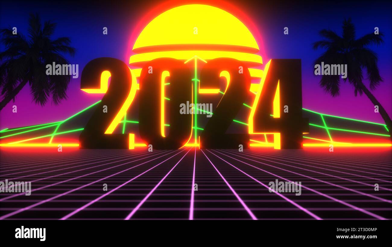 the year 2024 in a neon environment (3d rendering Stock Photo - Alamy