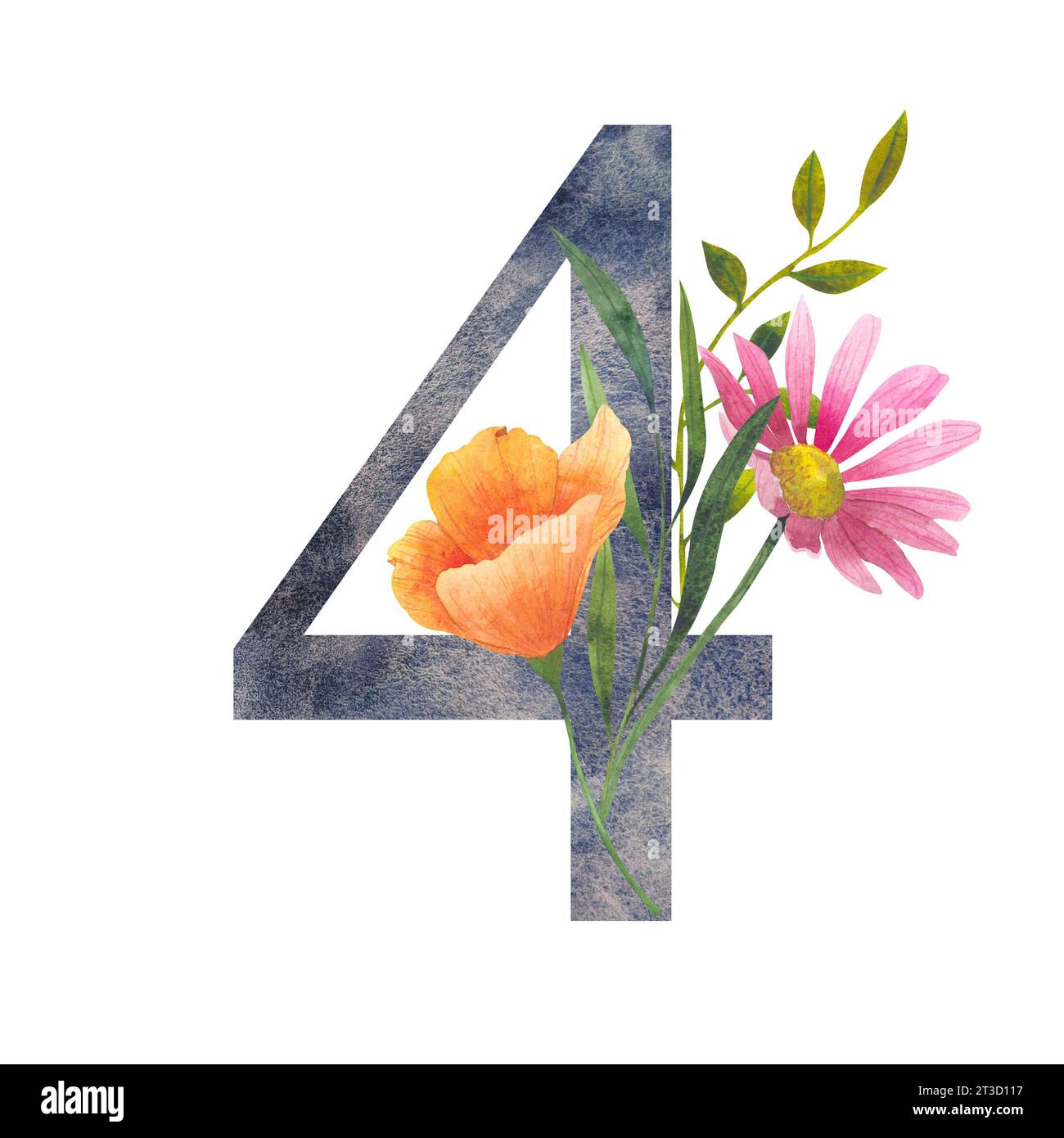 Floral Number 4 four. Watercolor element with botanical wildflowers ...