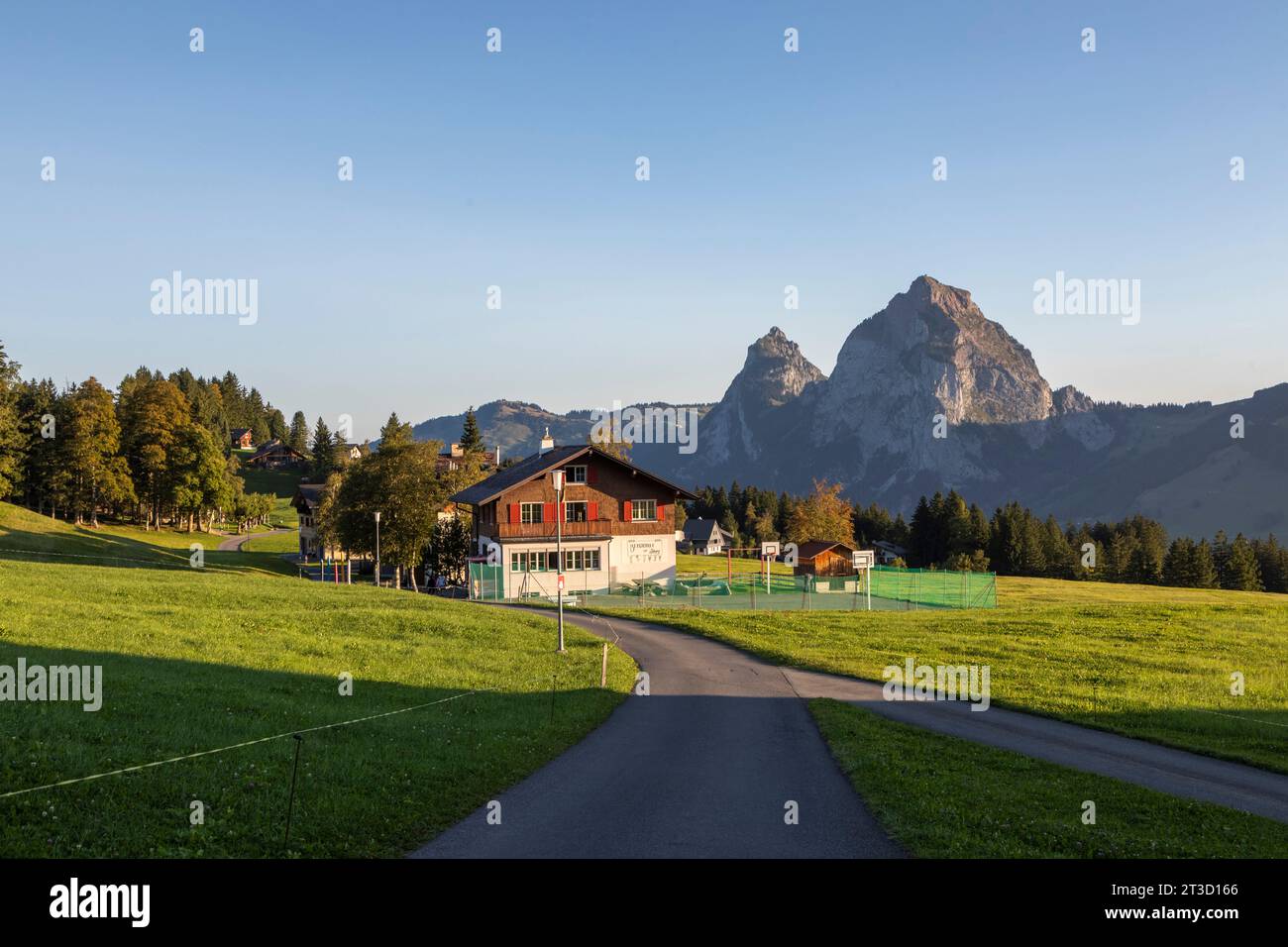 View of the Alpine village of Stoos and the Mountains Grosser Mythen ...
