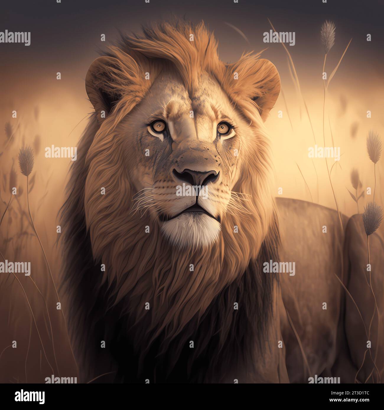 A magnificent male lion stands proud in a grassy field, staring ahead ...