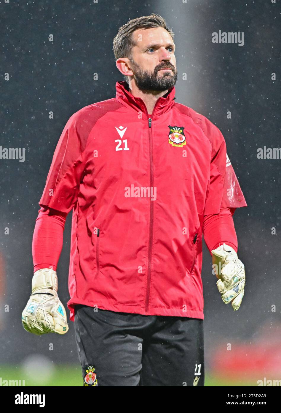 Mark Howard 21# of Wrexham Association Football Club warms up ahead of ...