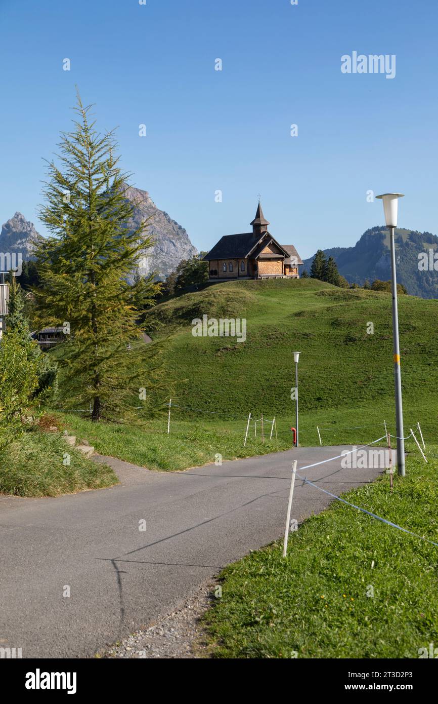 Church on the Alpine village of Stoos and the Mountains Grosser Mythen ...