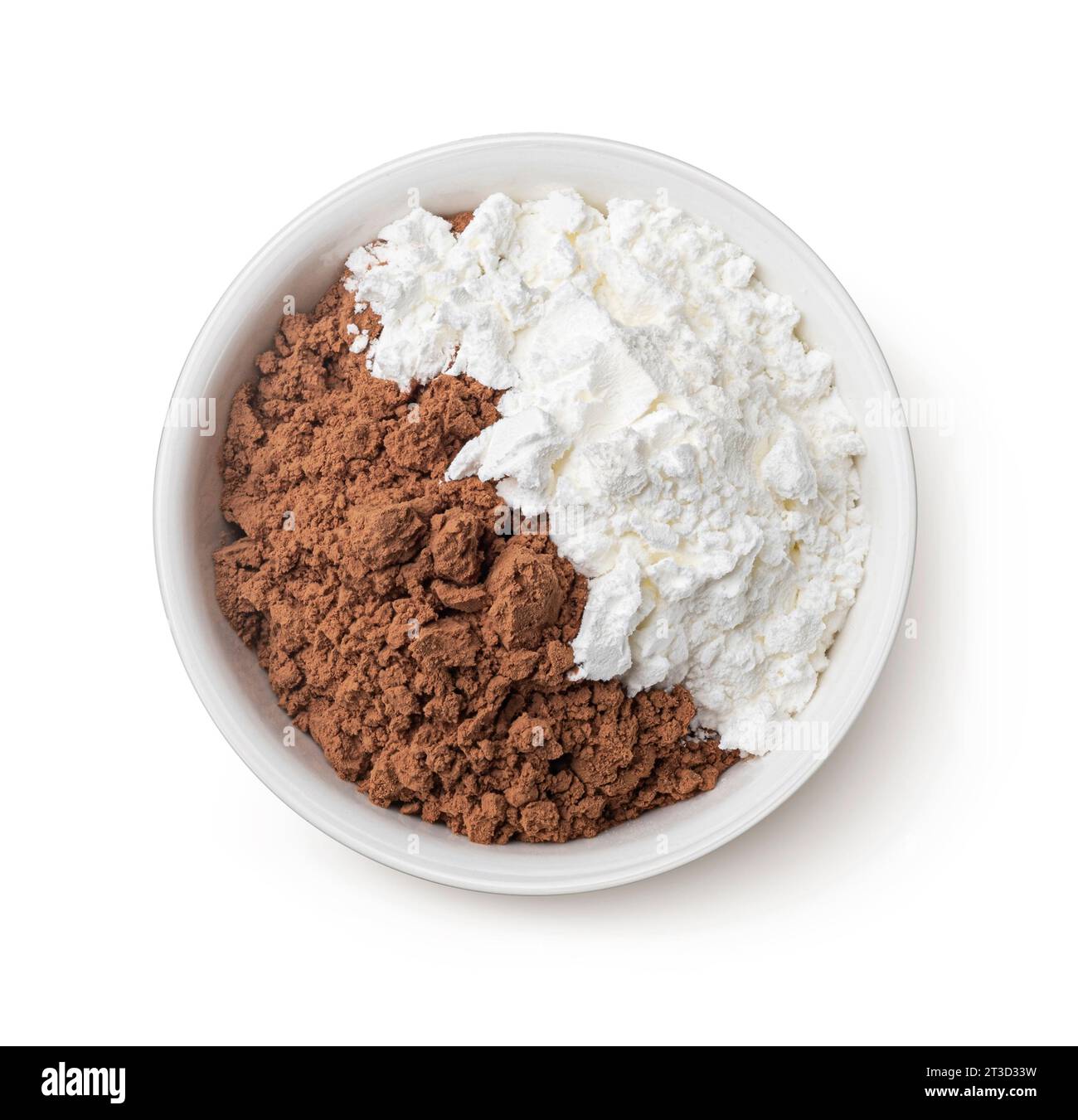 Flour and cocoa powder mix isolated on white background, top view Stock ...