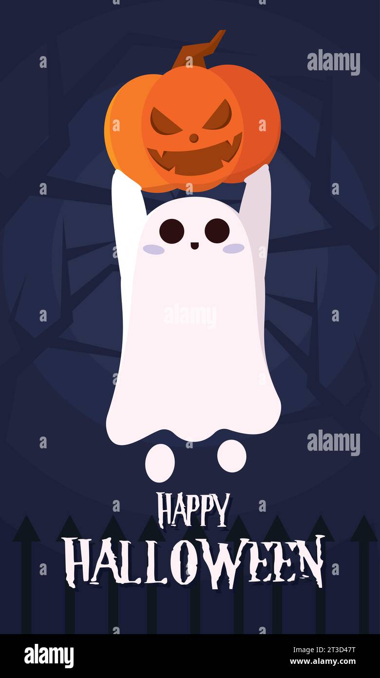 Happy halloween poster Cute ghost cartoon Vector Stock Vector Image ...