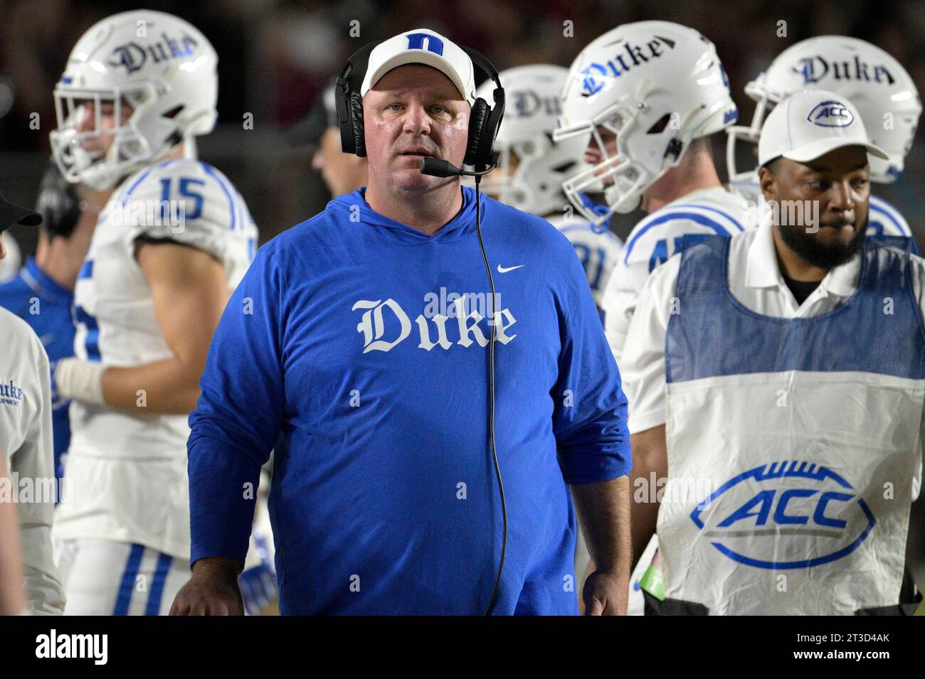 Duke head coach Mike Elko, front, walks along the sideline during the ...