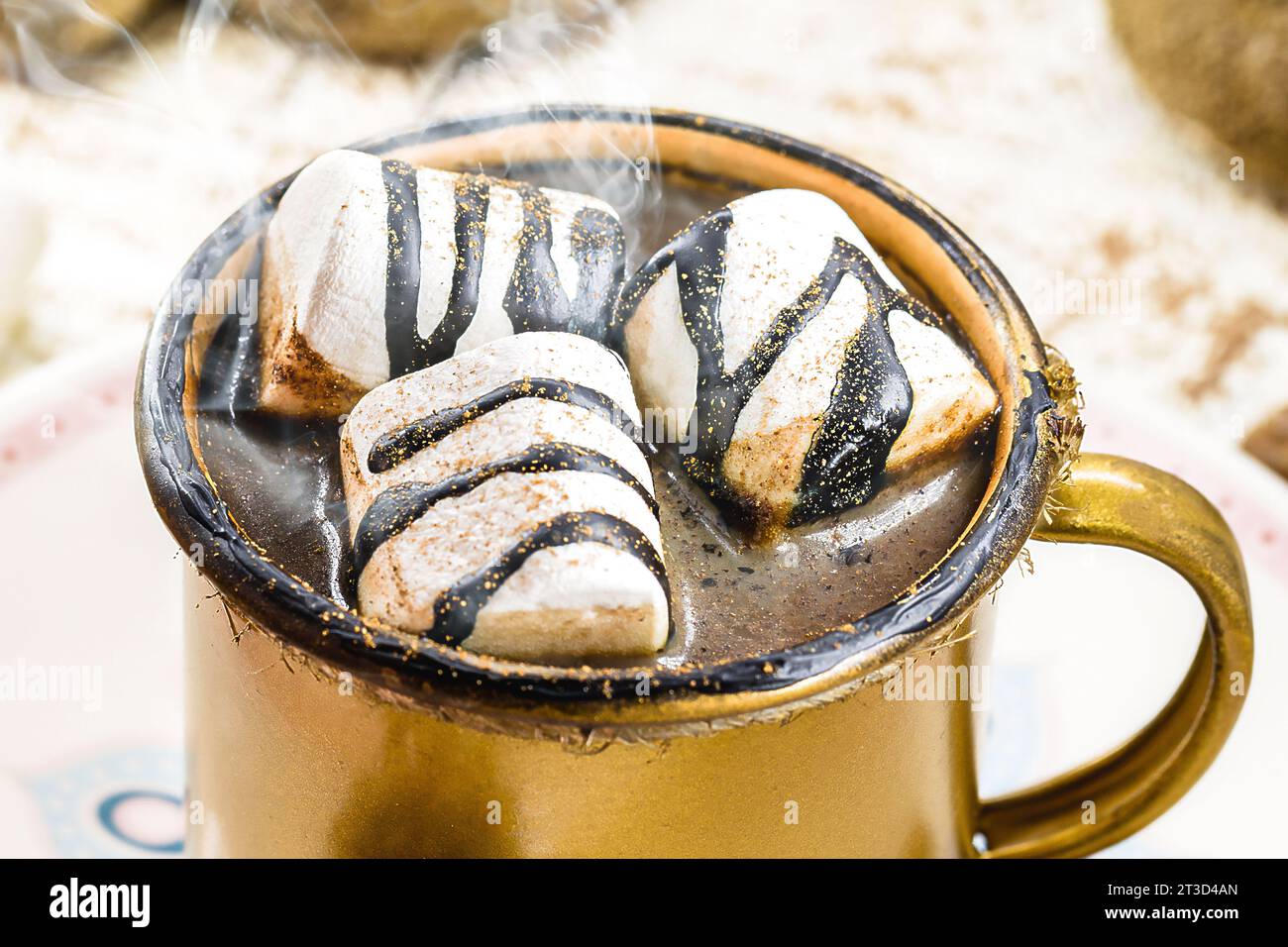 hot chocolate with marshmallows, steam or smoke, homemade Christmas ...