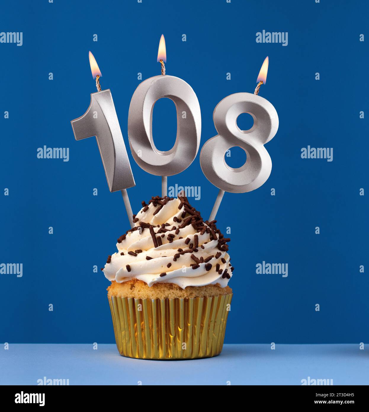 Vertical birthday card with cake - Lit candle number 108 on blue ...