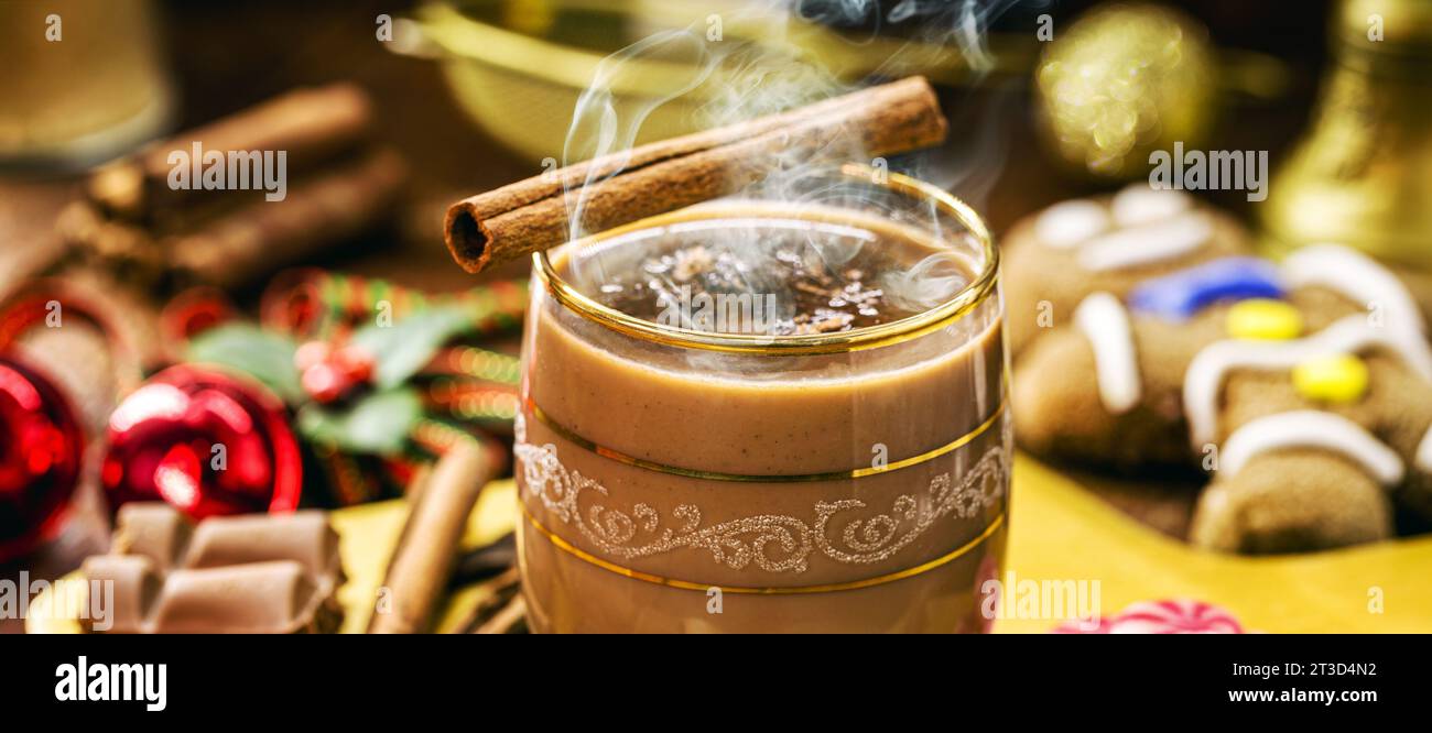 hot chocolate with steam or smoke, Christmas drink, with gingerbread ...