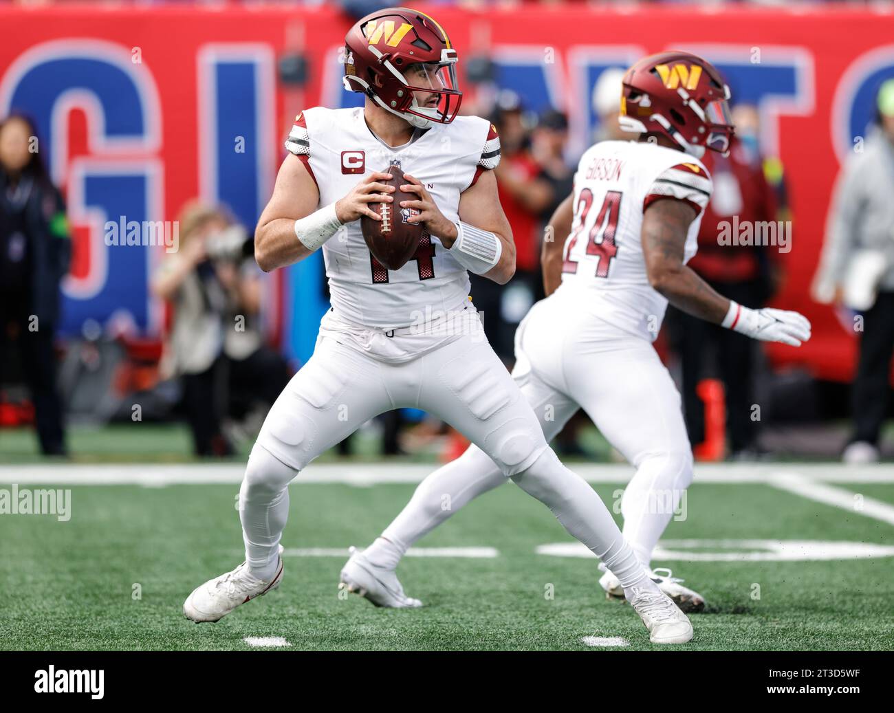 Washington commanders quarterback sam howell 14 after snap hi-res stock ...