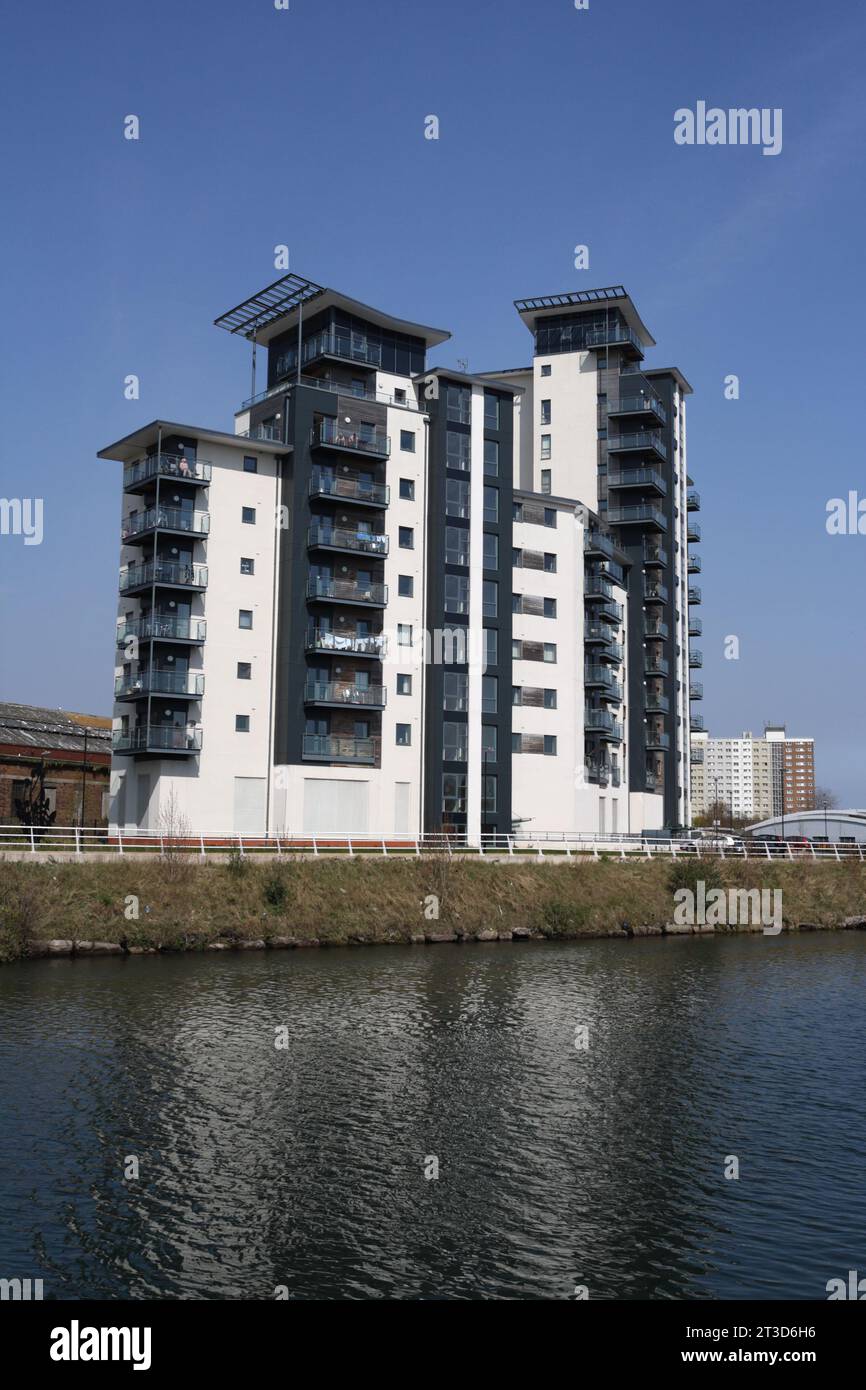 Modern apartment block flats building, River Taff in Cardiff, Wales UK ...