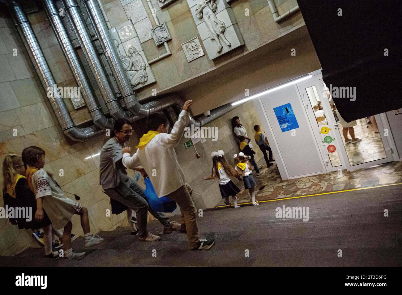 Kharkiv, Ukraine. 4th Sep, 2023. A young boy bounces down the metro ...