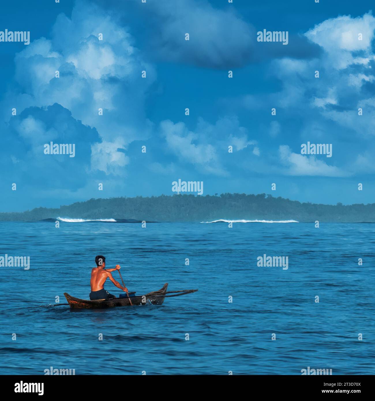 Man paddling small wooden outrigger canoe in the open ocean Stock Photo ...