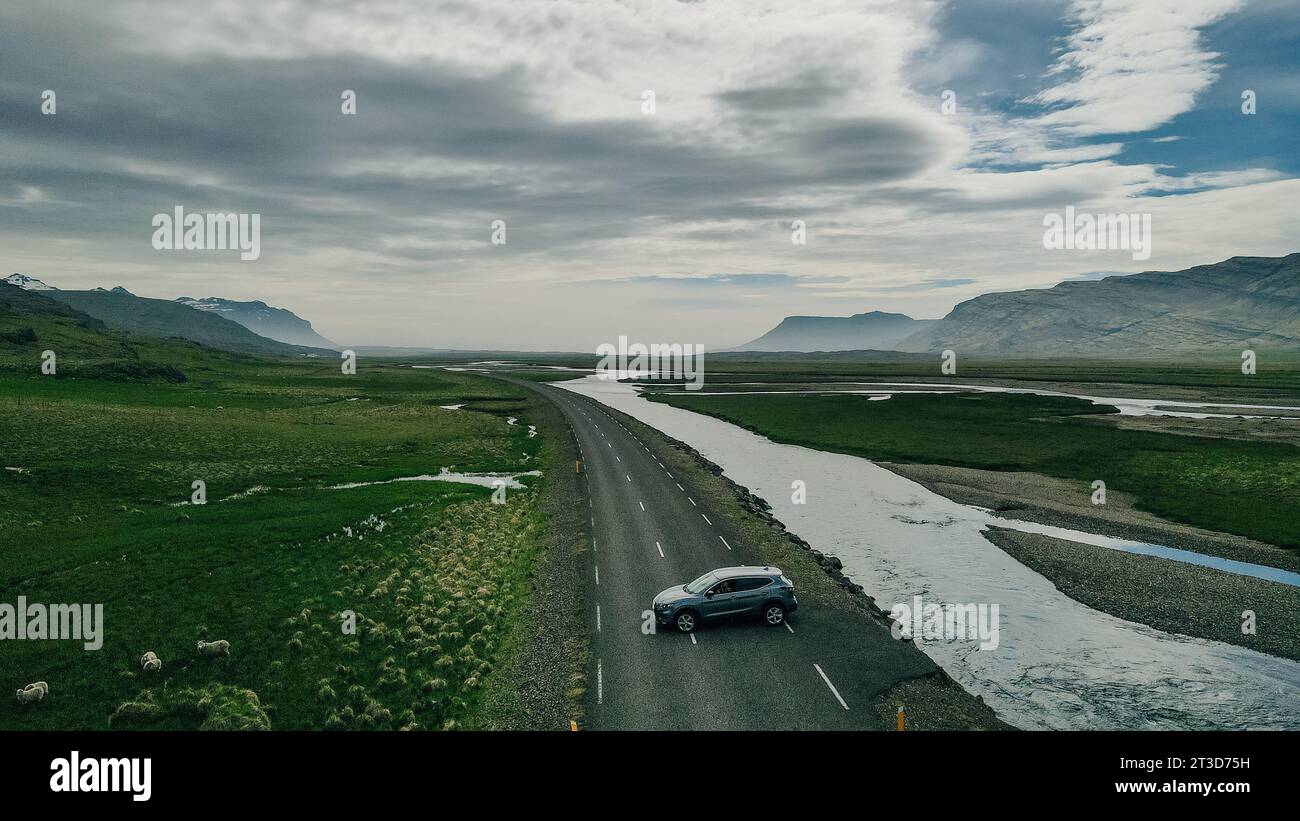 car driving on beautiful road, travel background, aerial scenic ...