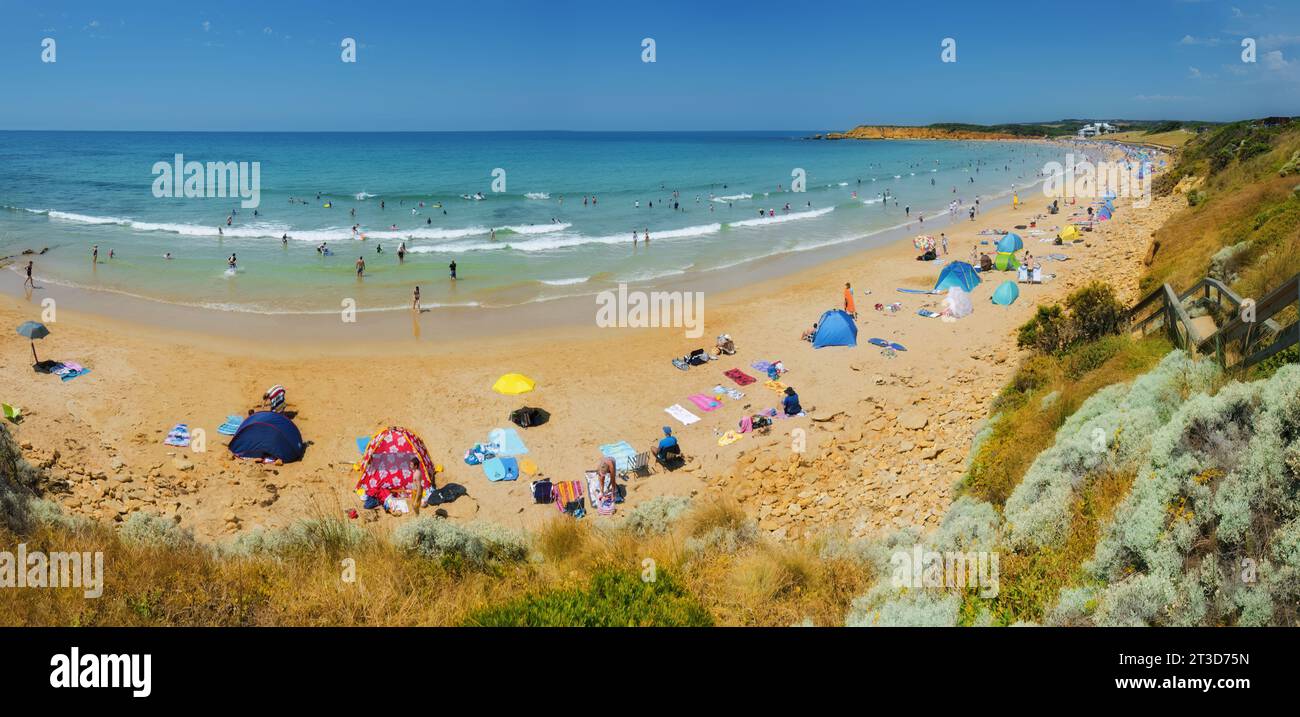 Summertime crowd at Back Beach, Torquay, Great Ocean Road, Victoria ...
