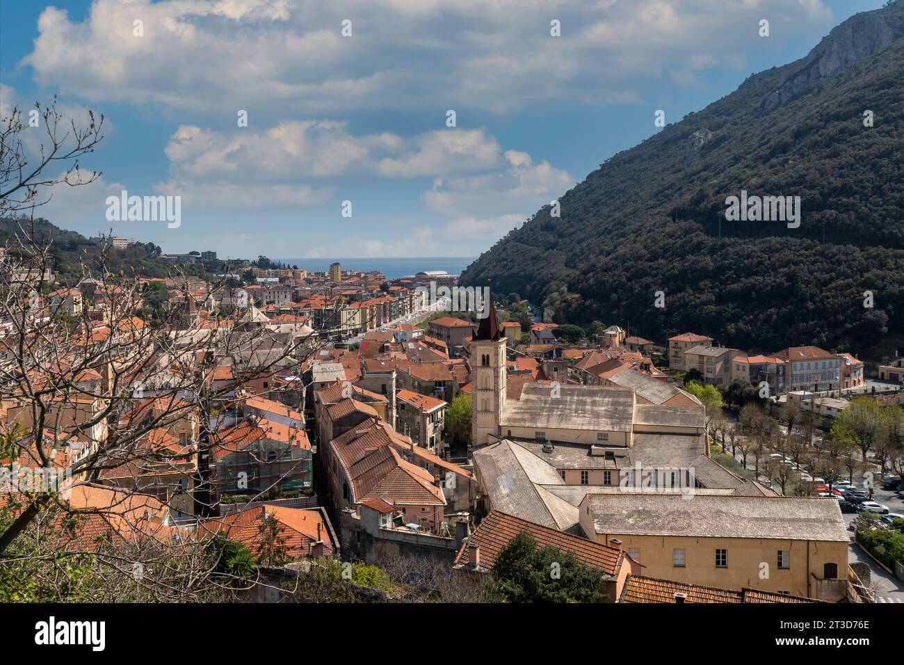 Elevated view of the medieval village with the sea in the background ...