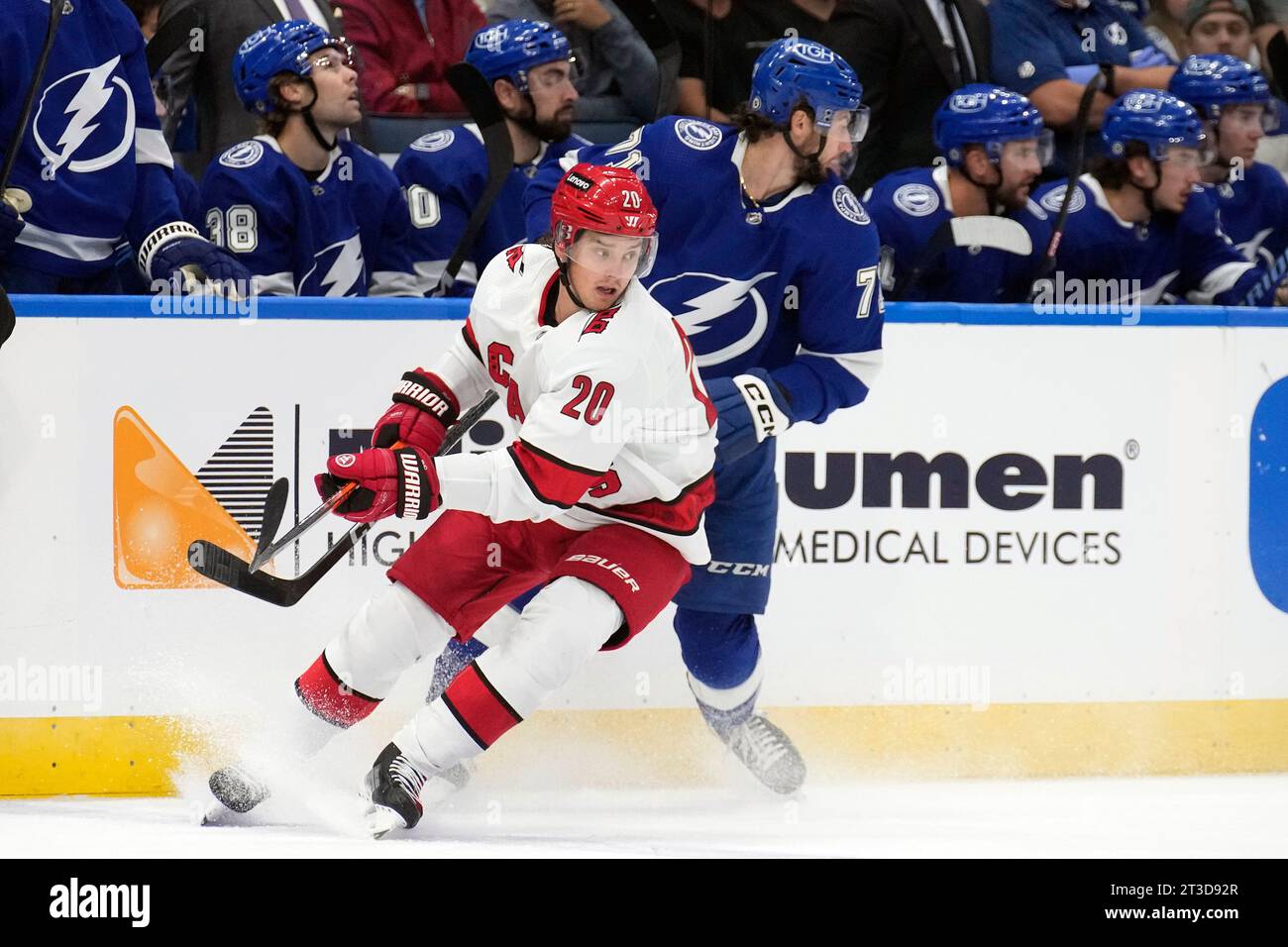 Carolina Hurricanes center Sebastian Aho (20) works against Tampa Bay ...