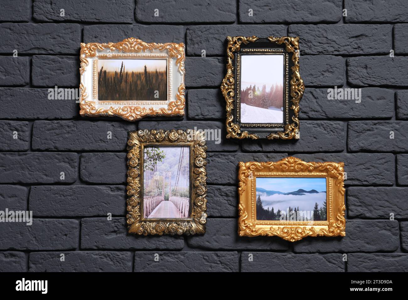 Vintage frames with photos of beautiful landscapes hanging on dark ...