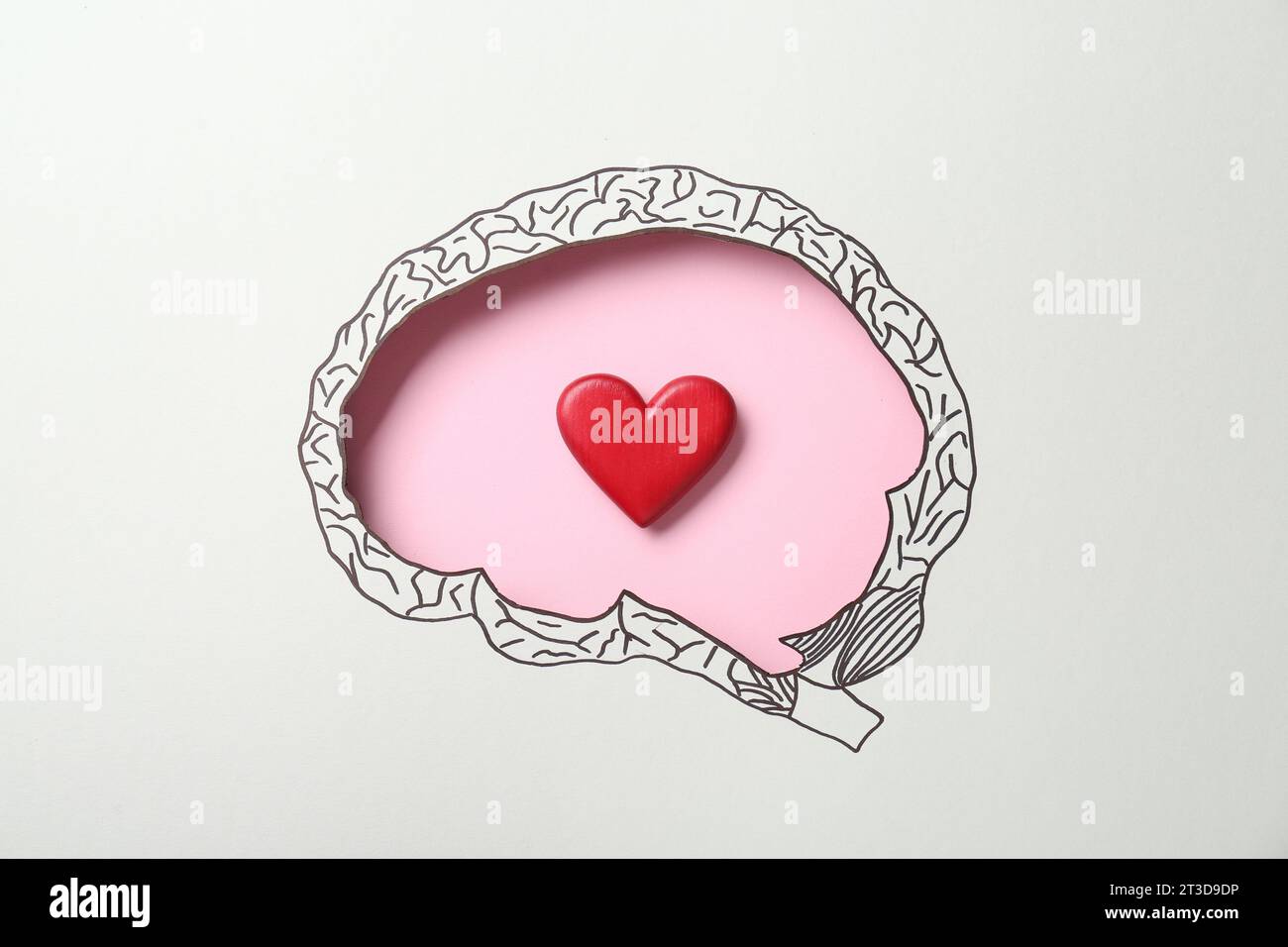 Emotional thinking. Red heart on pink background, top view through ...