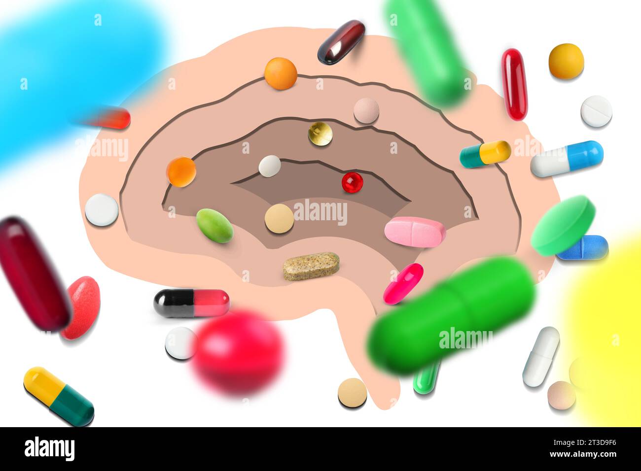 Brain and lots of different pills on white background. Layered art ...